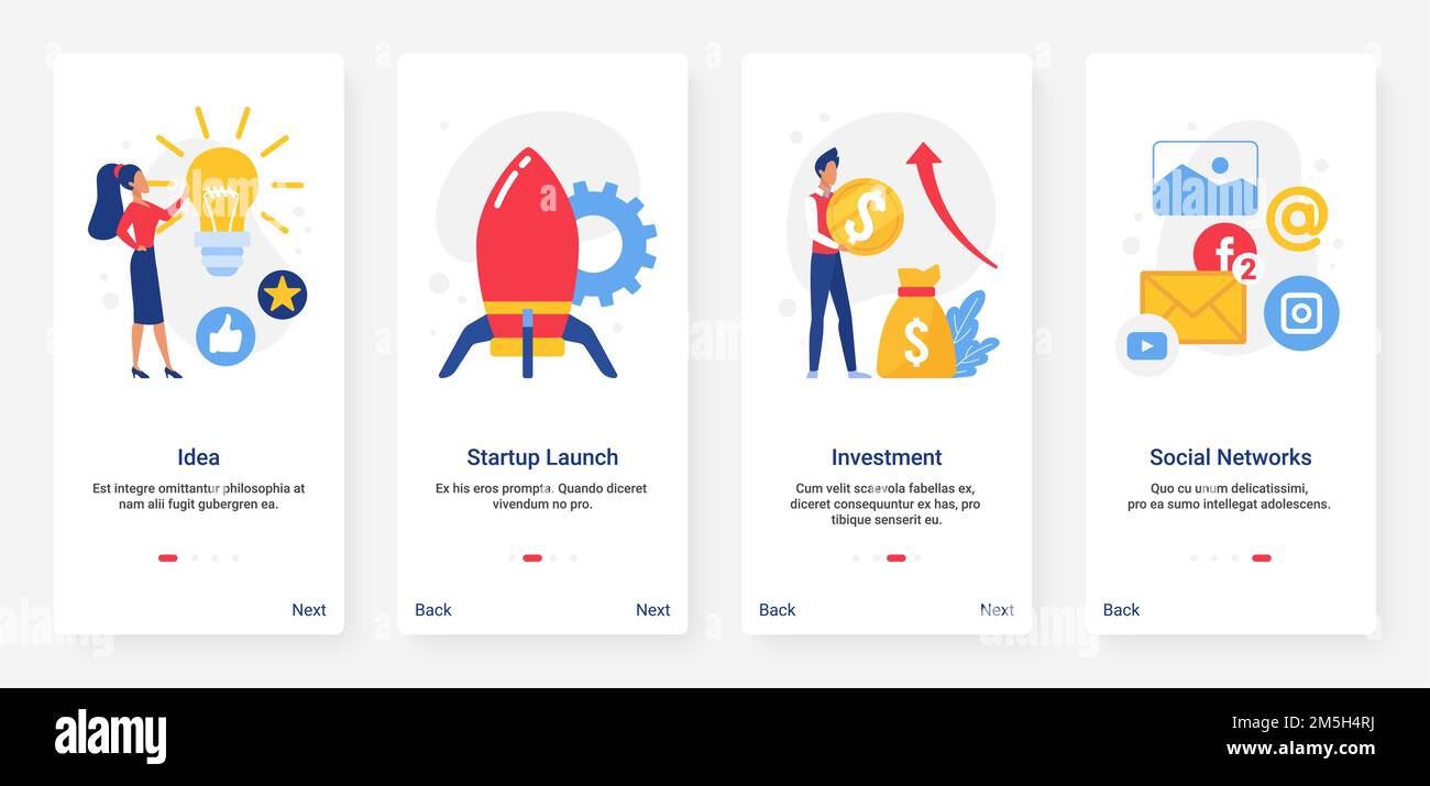 Startup business idea, rocket launch and light bulb investment, social media set Stock Vector ...