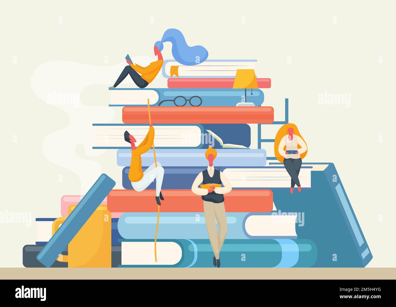 Book library banner with people characters. Cartoon man and woman ...