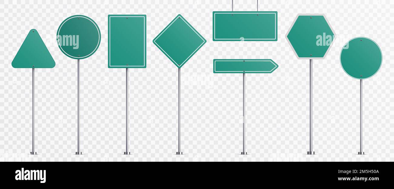 Realistic road signs. Green plate road direction signs templates set ...