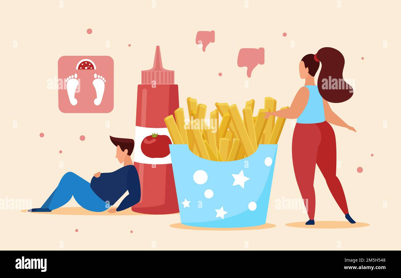 Fast food french fries, overeating concept with fat people Stock Vector ...