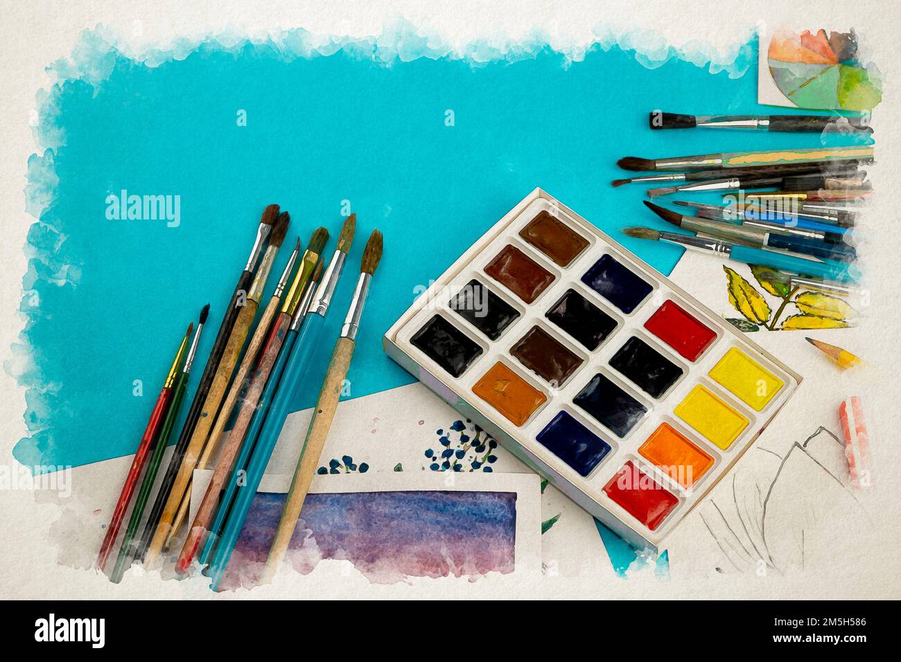 A box of watercolors with brushes. Watercolor illustration drawing ...
