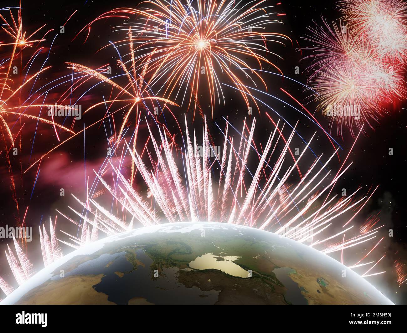 3d rendering of New Year's Day Firework show over planet Earth Stock ...