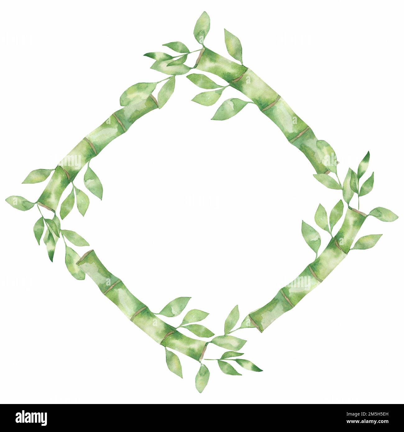 Bamboo green leaves and and golden leaf frames. Watercolor ...