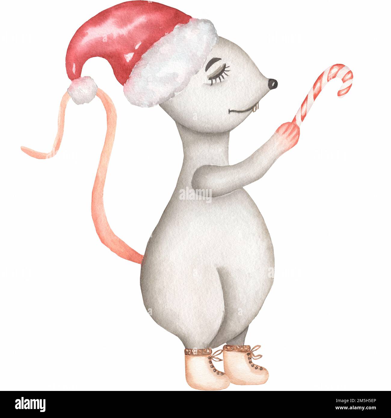 Little Grey Mouse in a red christmas hat and boots with Christmas candy ...