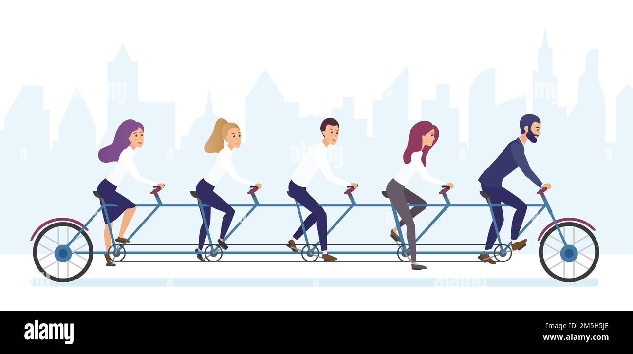 Group of office business people riding bicycle together. Tandem bicycle ...