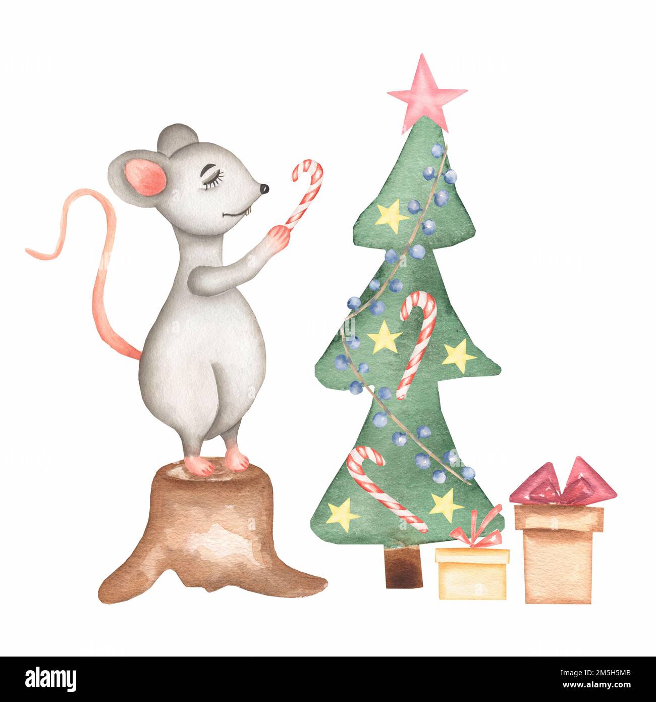 Cute cartoon christmas rat mouse christmas card with christmas tree ...