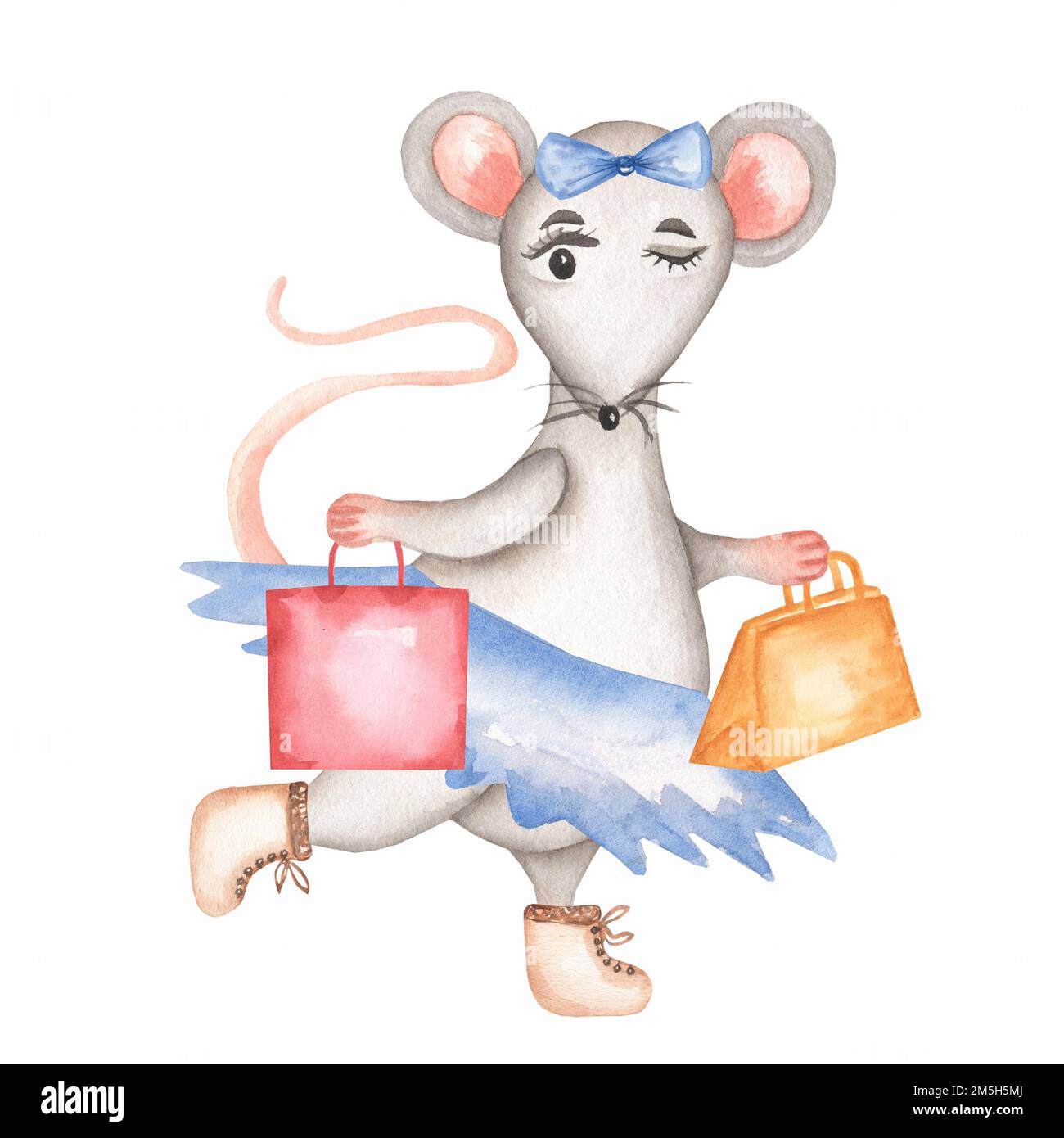 Little Grey Mouse in a blue skirt and boots with hand bags. Cute ...