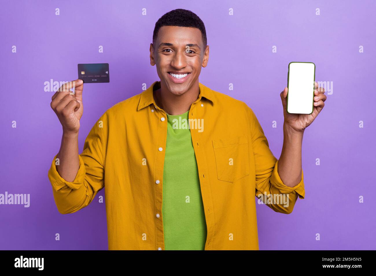 Photo of handsome guy toothy smile hands hold show debit card empty ...