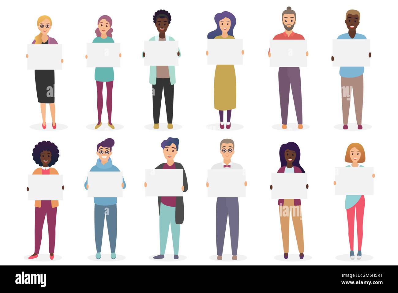 Different positive smiling people are holding placards for text. A ...