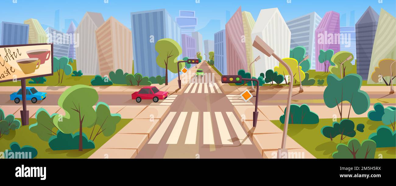 Crossroad and cityscape at big modern city cartoon vector panorama ...