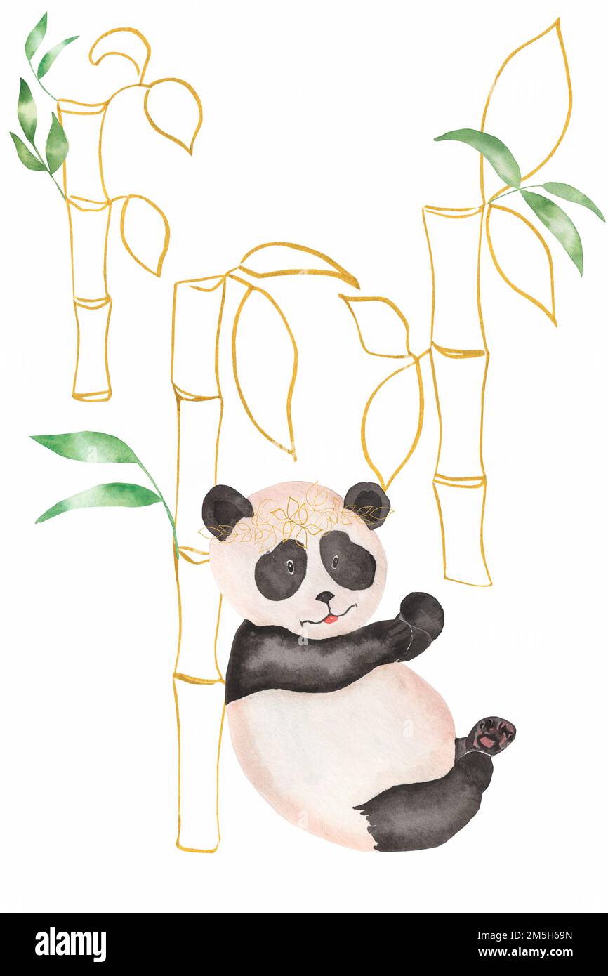 Cute Panda bear wild animal and golden bamboo in cartoon style ...