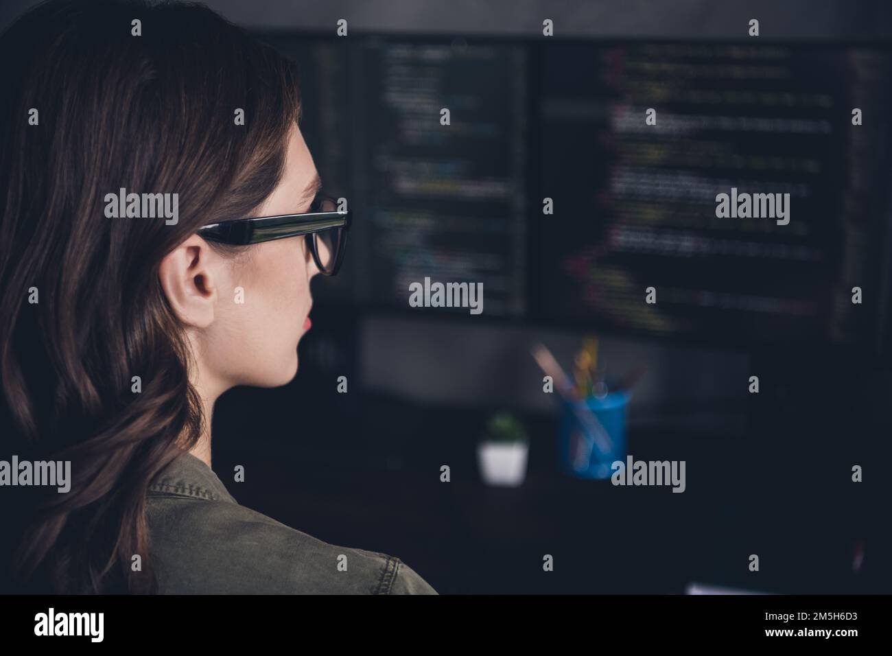 Photo of busy confident lady freelancer wear spectacles debugging ... Photo of busy confident lady freelancer wear spectacles debugging ...