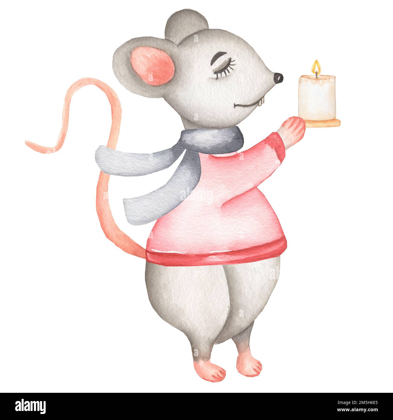 Little Grey Mouse in a red christmas hat and boots with Christmas candy ...