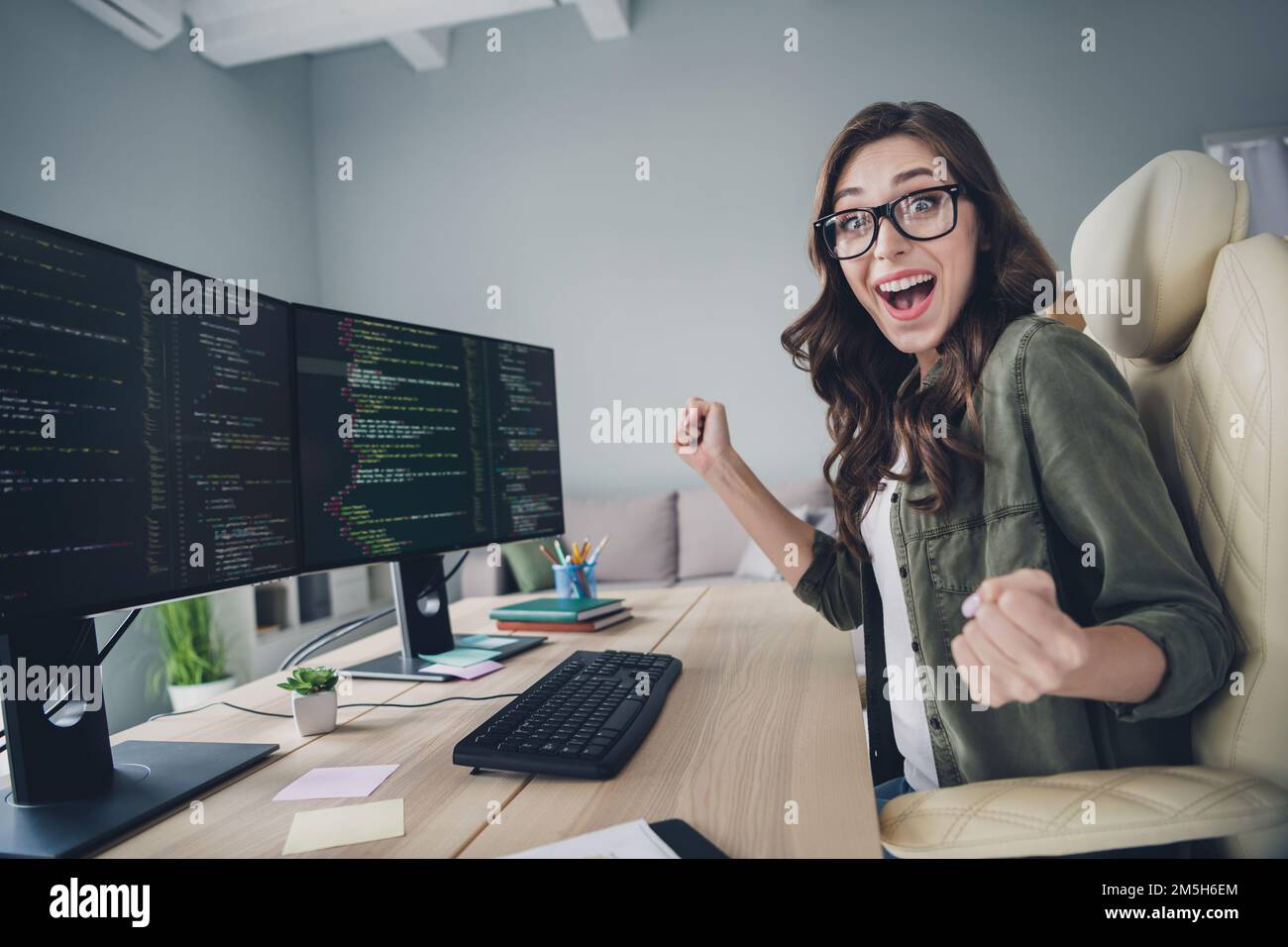 Profile side photo of overjoyed lady administrator hardware expert ...
