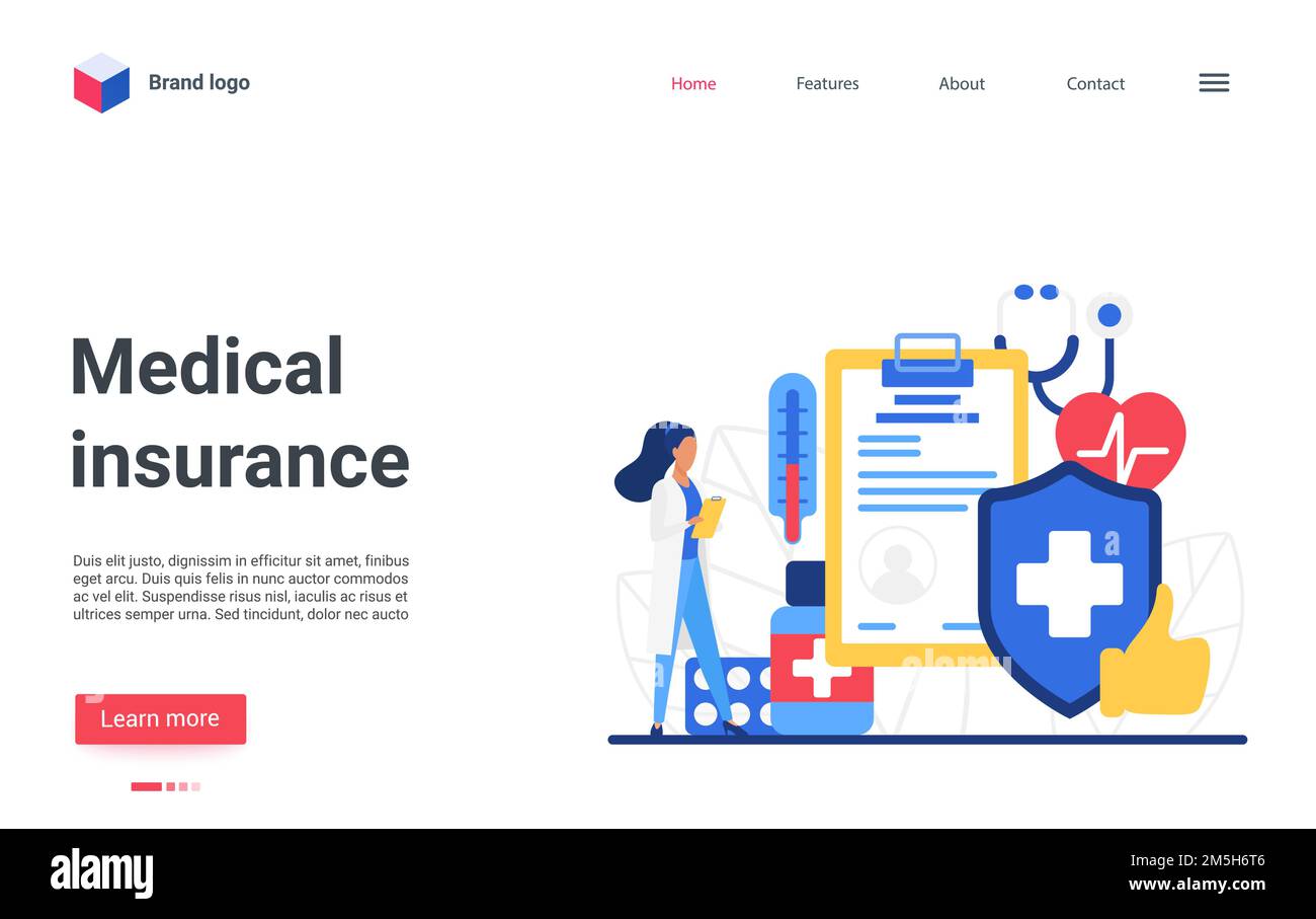 Cartoon landing page website design with insurer or doctor character ...