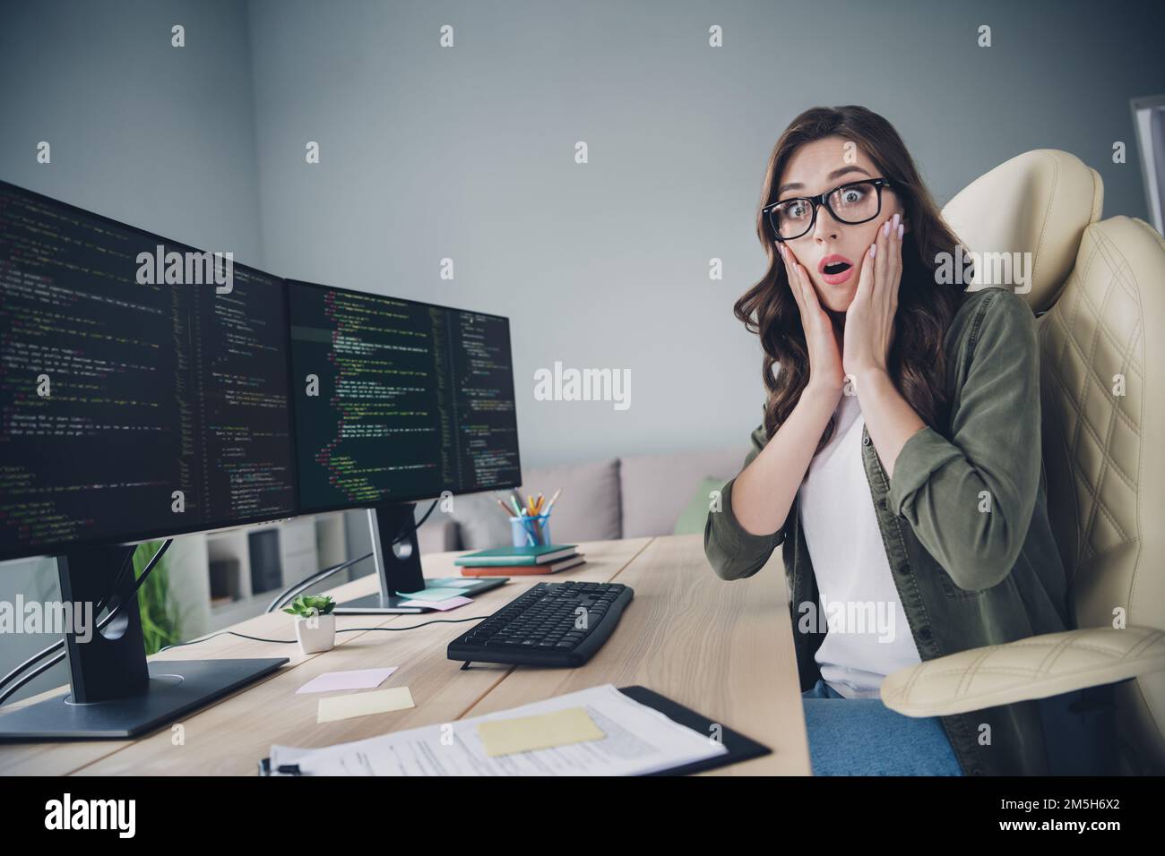 Profile side photo of worried stressed lady omg shock hand cheeks bugs ...