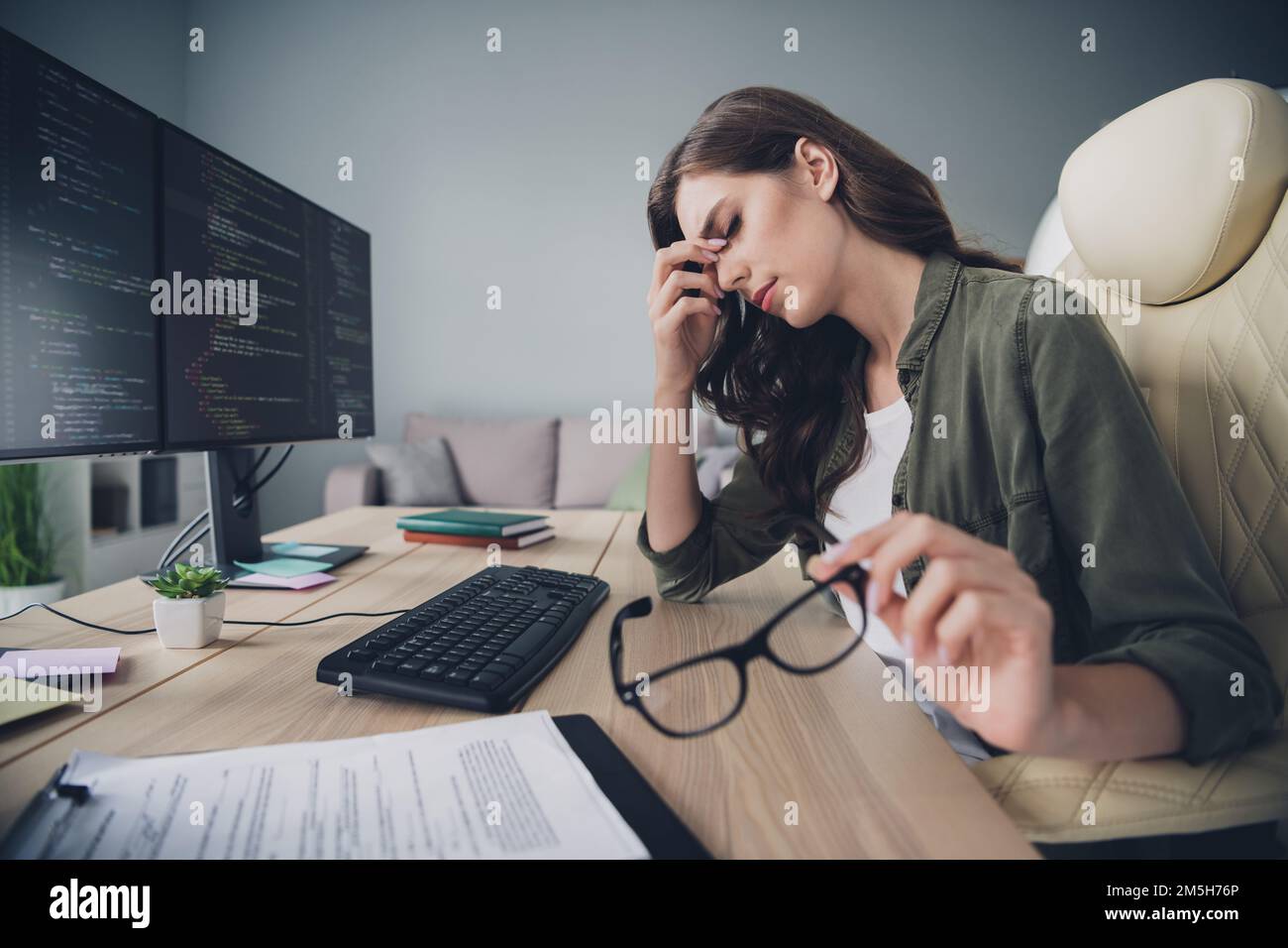 Profile side photo of upset moody lady bad mood work overtime tired ...