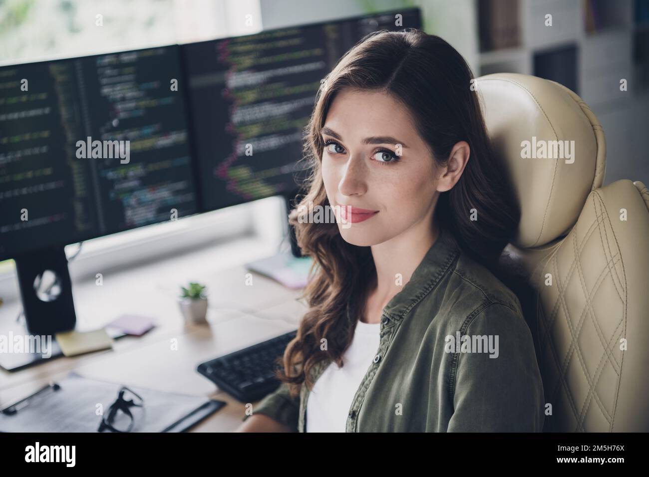 Photo of smart gorgeous successful lady sitting comfort chair home ...