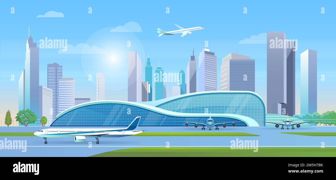 City airport vector illustration. Cartoon flat airport terminal modern ...