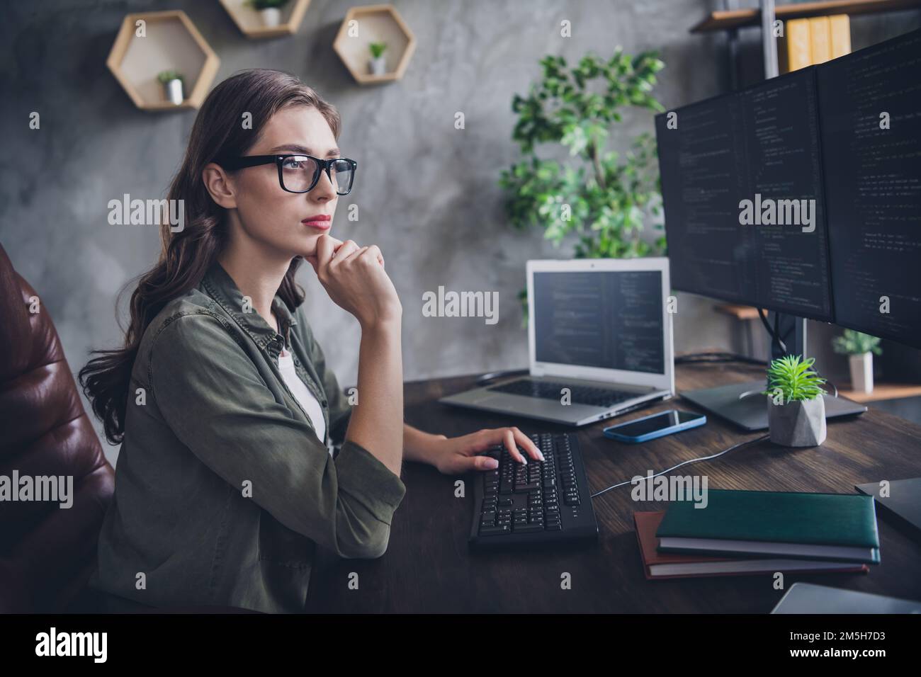 Profile side photo of intelligent confident lady open pc operating ...