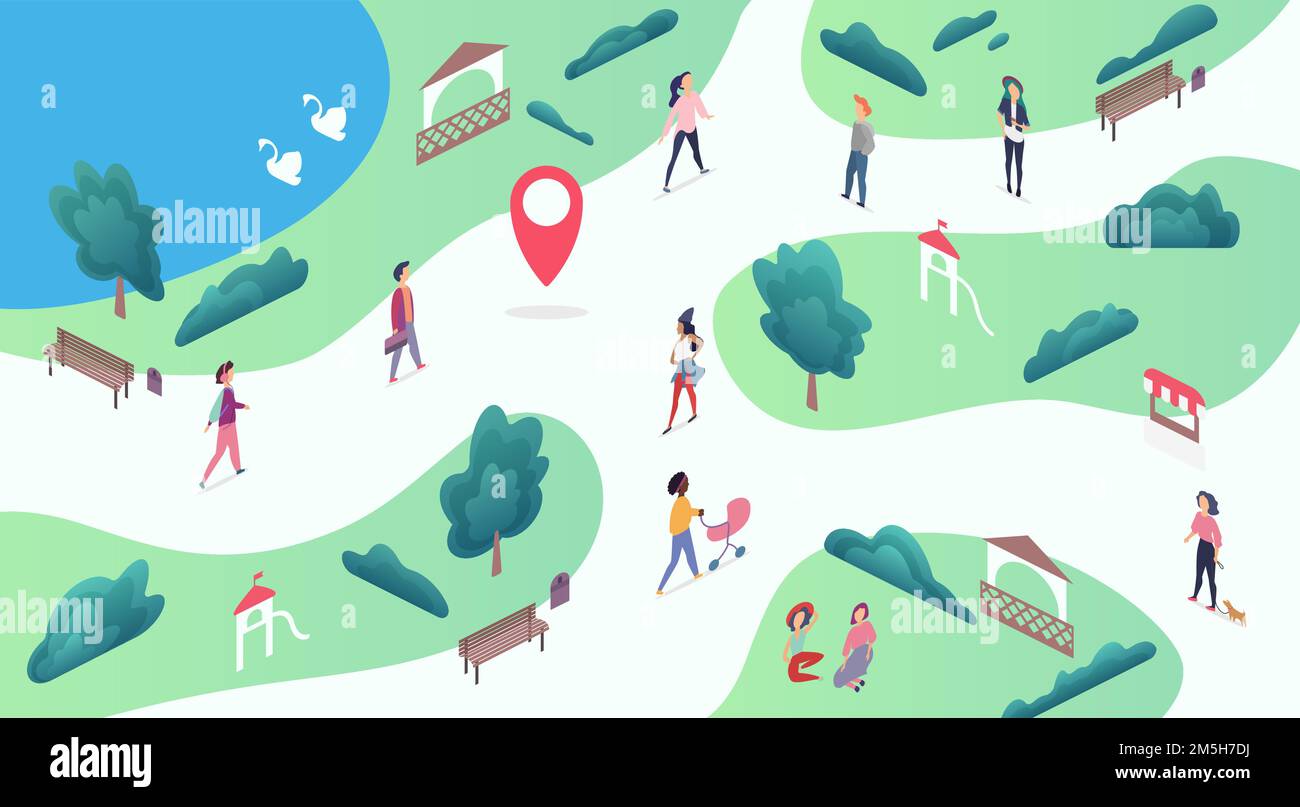 Isometric public city park map with walking, listening to music ...