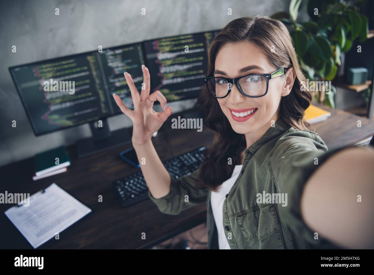 Photo of busy confident lady it specialist wear glasses recording video ...