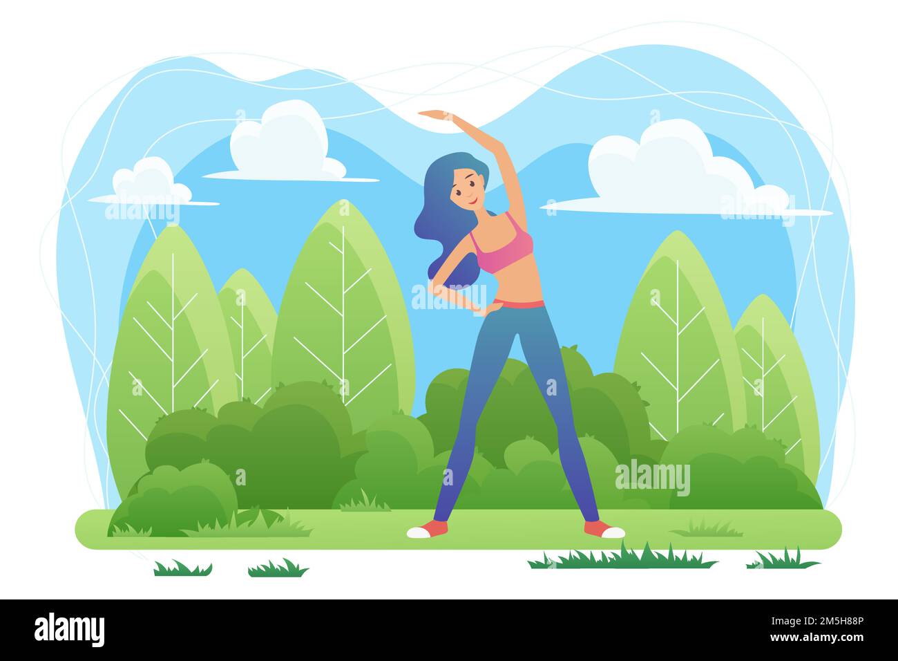 Yoga meditation in nature vector illustration. Cartoon active yogist ...