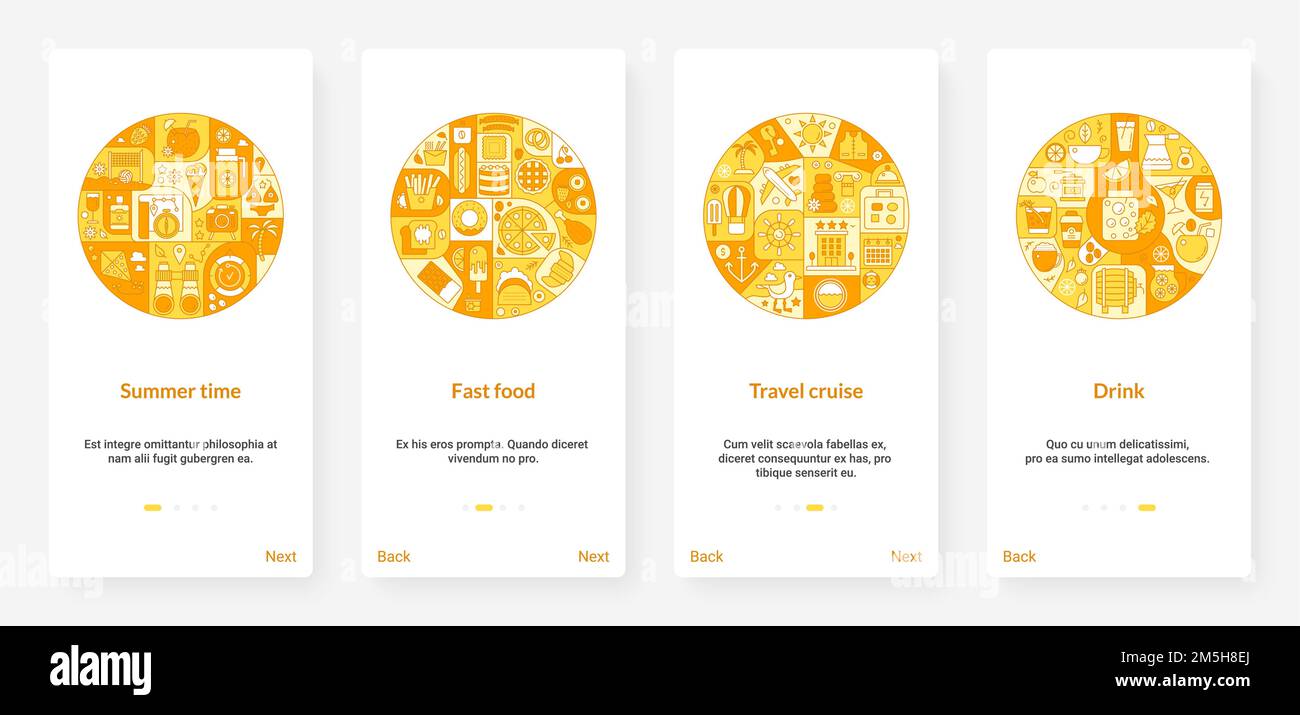 Summer outdoor adventures and food, yellow circle vector illustration ...