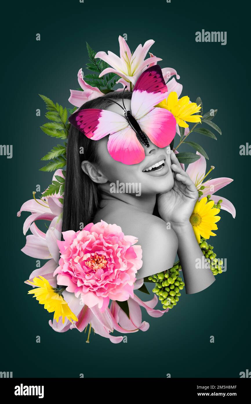 Creative banner poster collage pf tender lady with butterfly peony ...