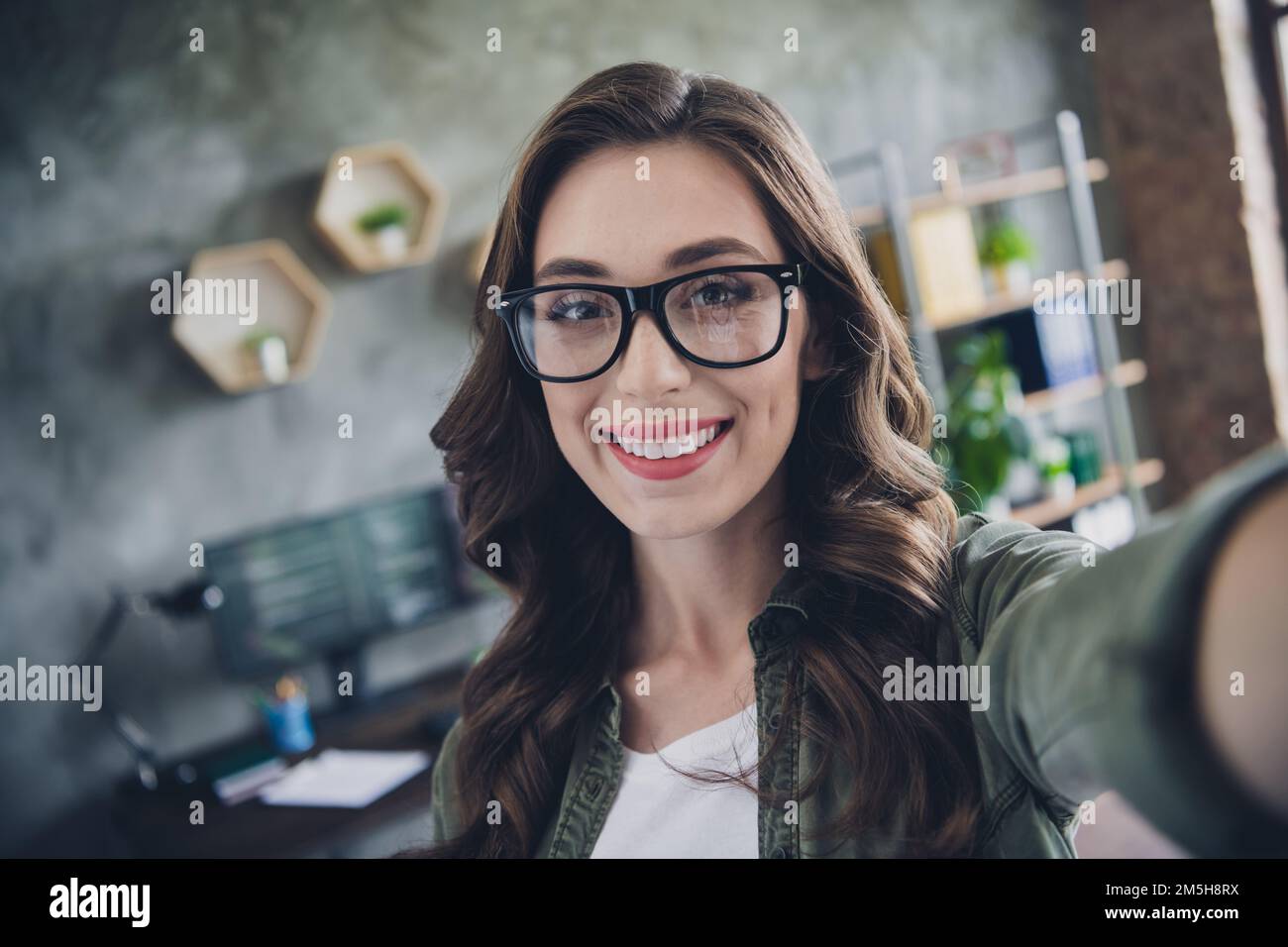 Portrait of attractive positive recruiter lady make selfie recording ...