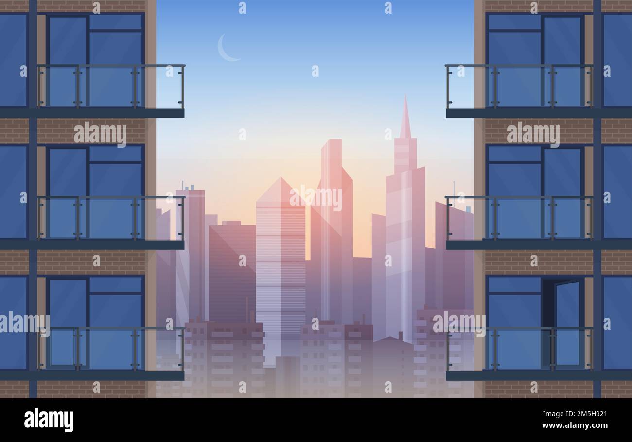 Apartment Balcony in modern house in sunset. Urban sityscape ...