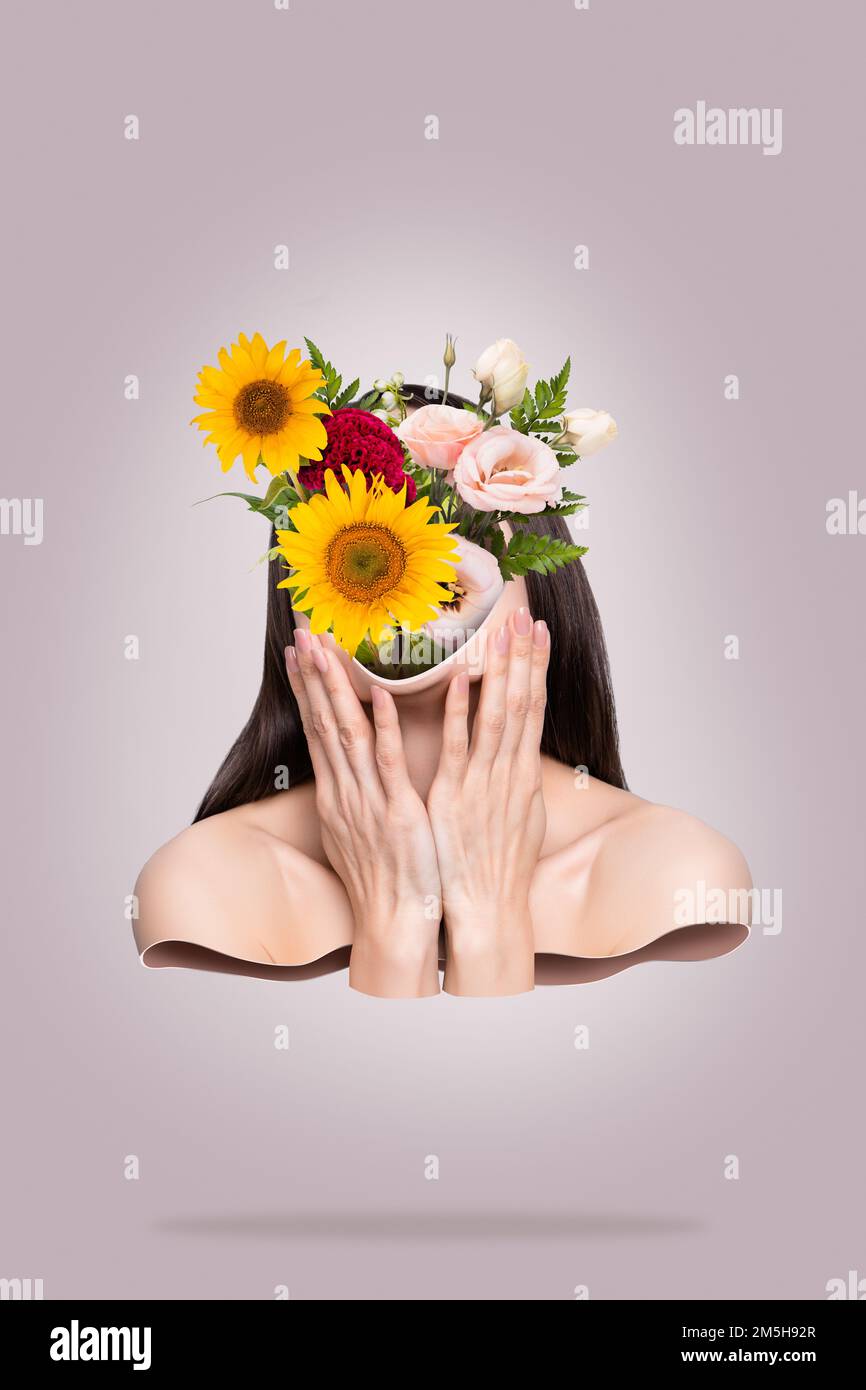 Banner poster collage of weird lady touch face apply natural beauty ...