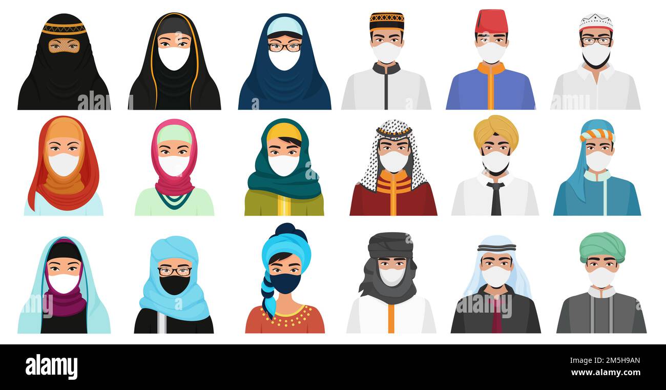 East men and women in masks cartoon flat vector illustration set ...