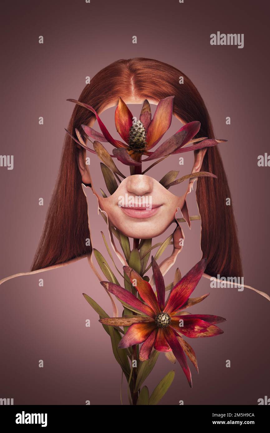 Creative mystical collage of strange lady with exotic flowers ...