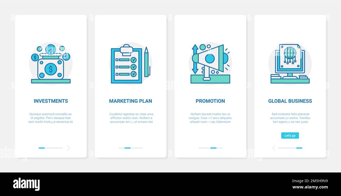 Investing in global business, promotion vector illustration. UX, UI onboarding mobile app page ...