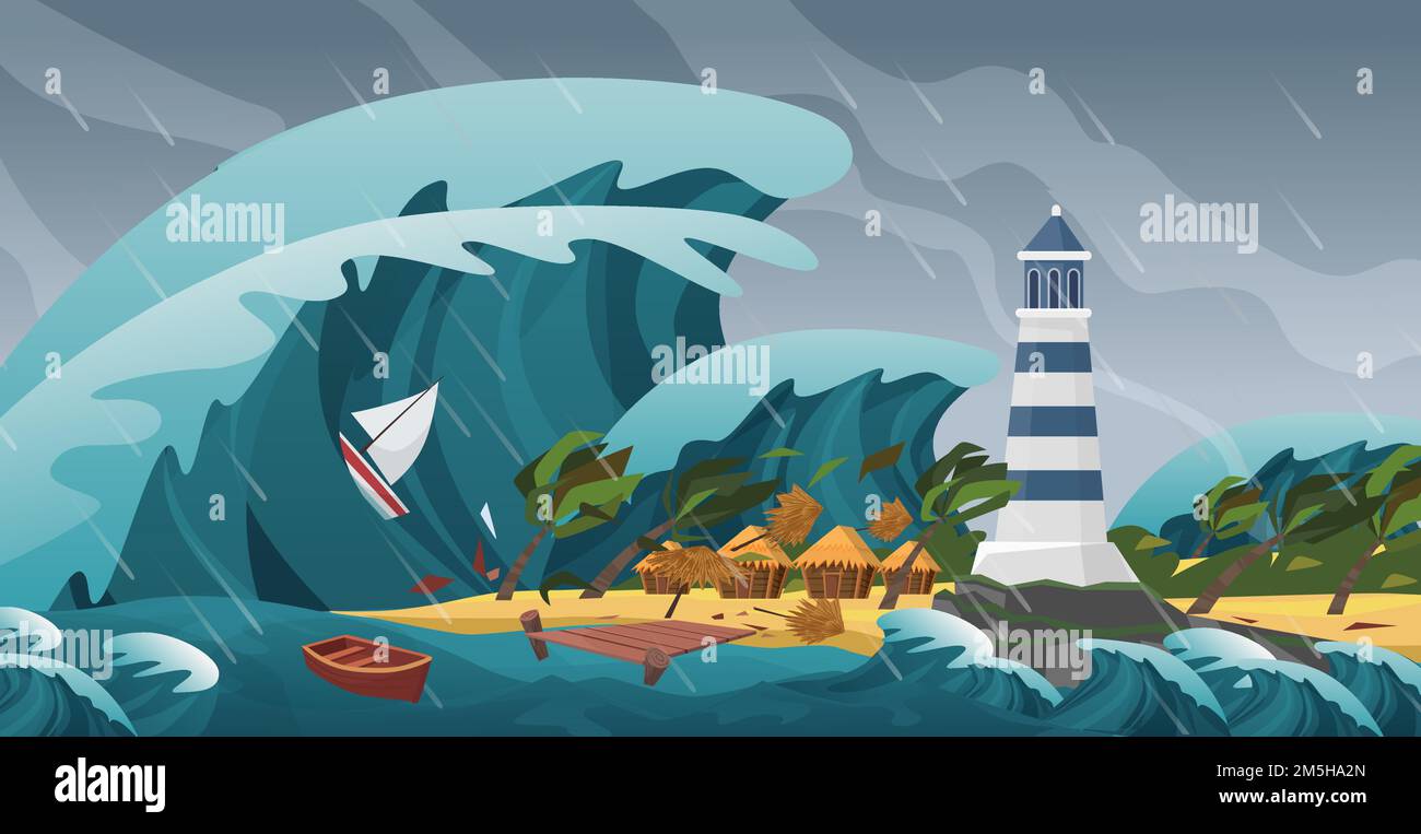 Tsunami seascape storm landscape natural disaster, giant wave with ...