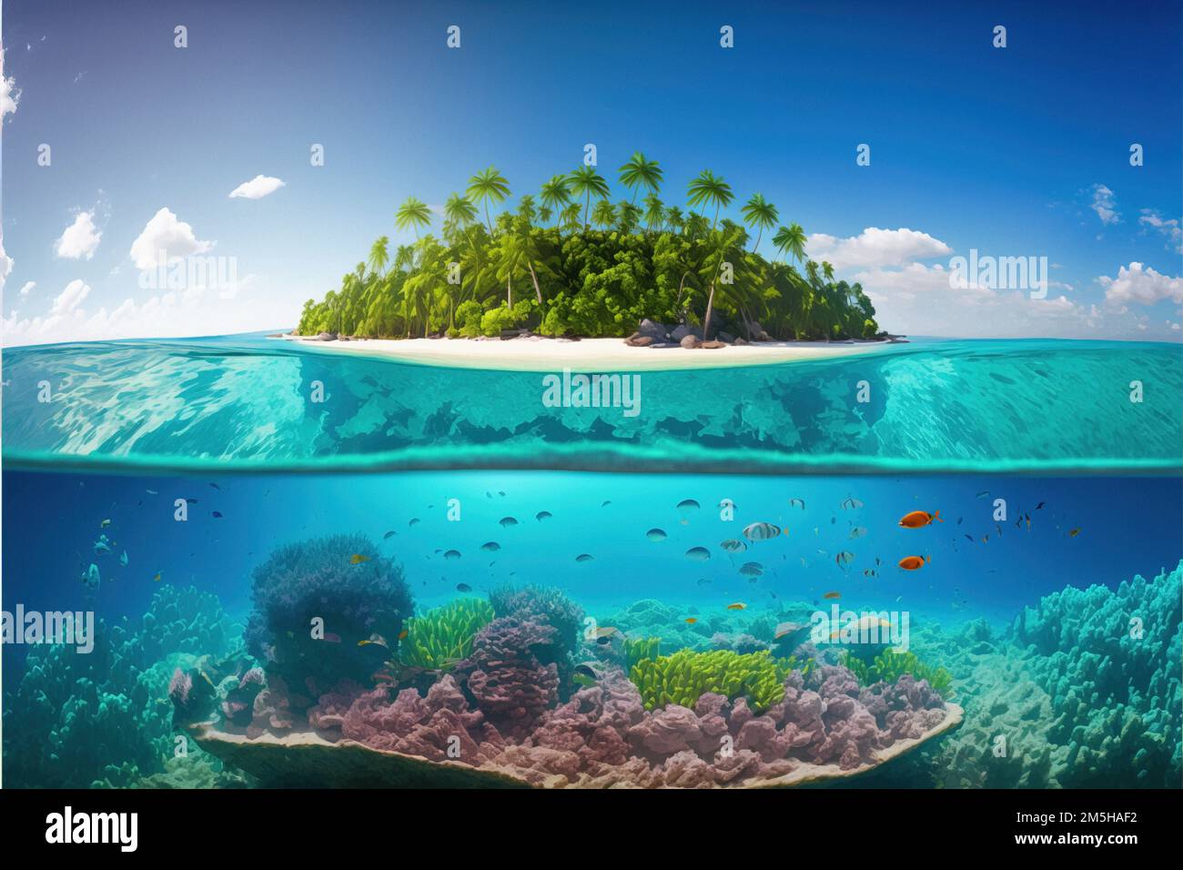 Sunny day Tropical Island And Coral Reef Split by water. Tropical beach ...