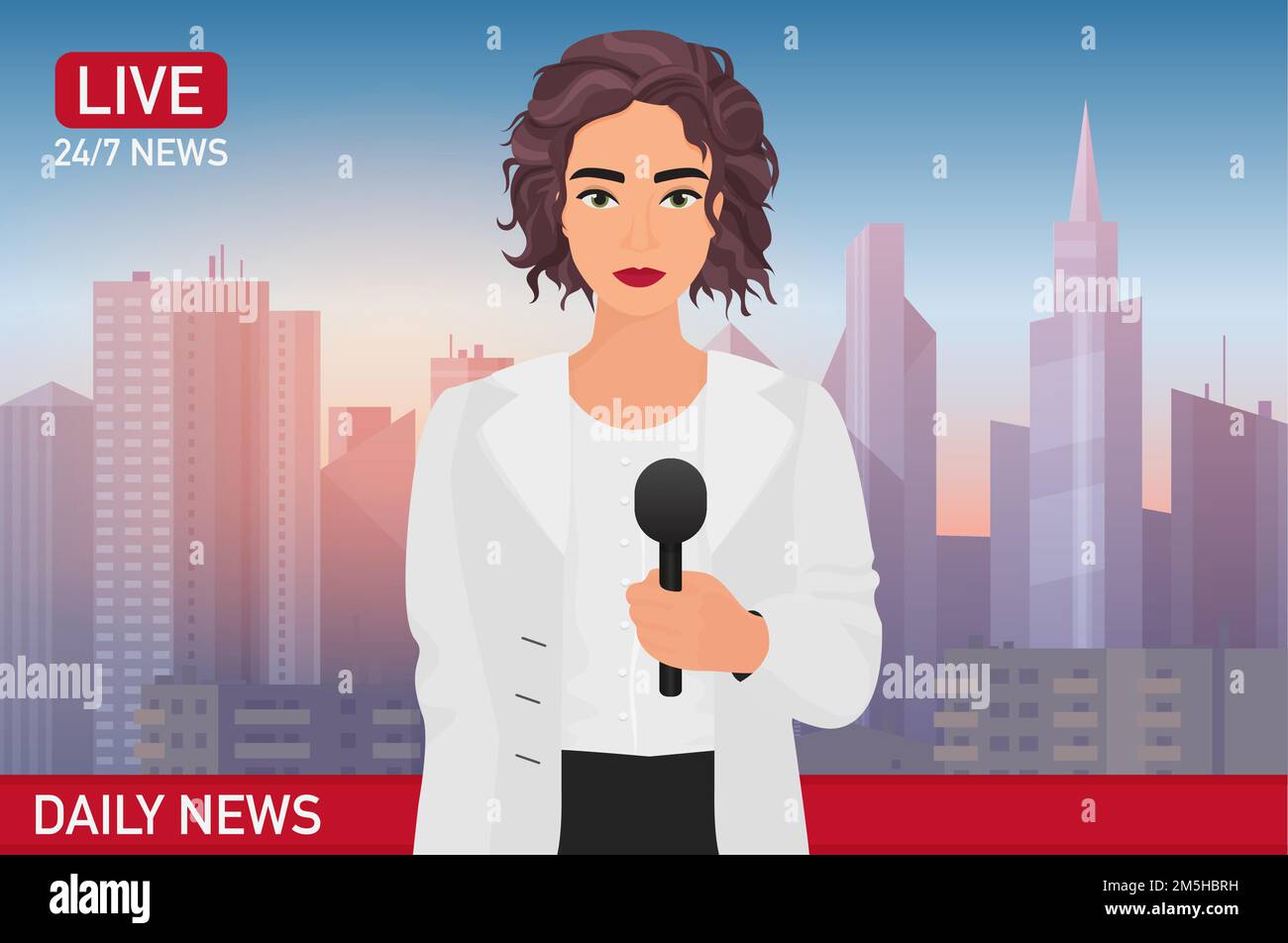 Newscaster woman reports breaking news. News vector illustration. Media ...