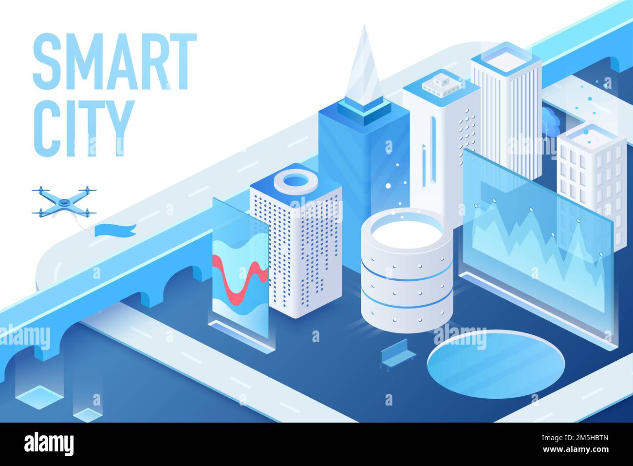 Isometric model of modern smart city with data centers, servers and matrix blockchain building ...