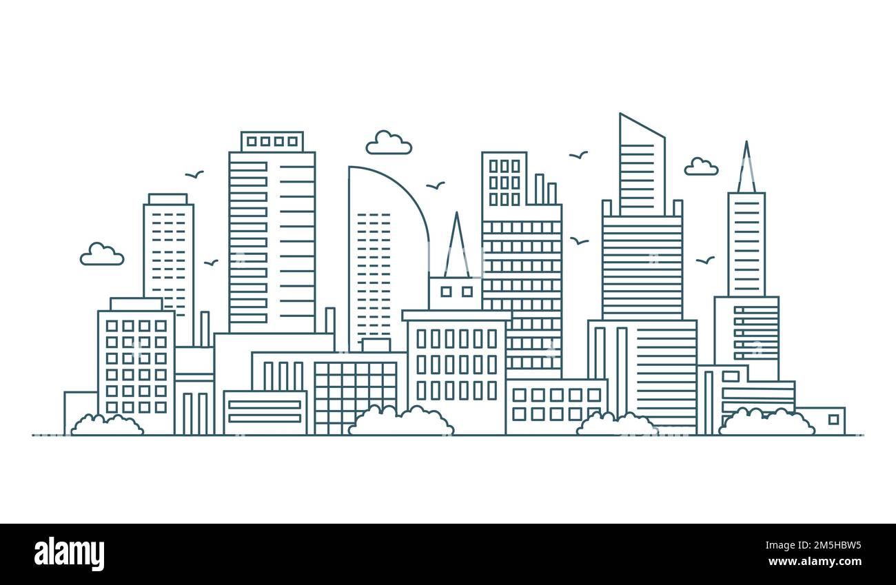 Line modern urban big city panorama. Outline stroke cityscape ...