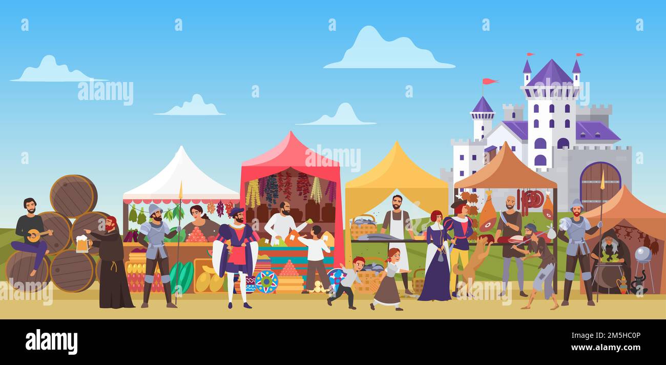 Medieval fairy tale middle ages fair market with nobility and poor ...