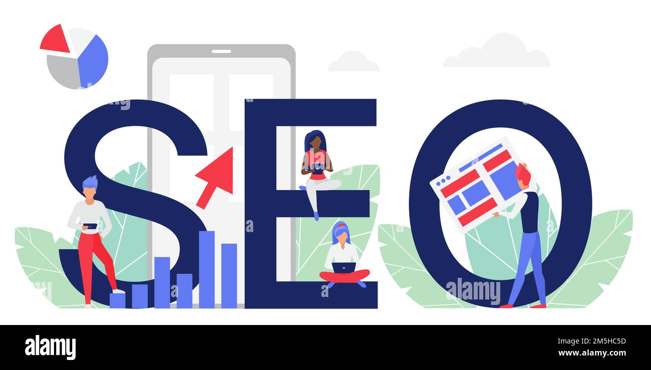 Seo word concept vector illustration. Cartoon flat people analysts ...