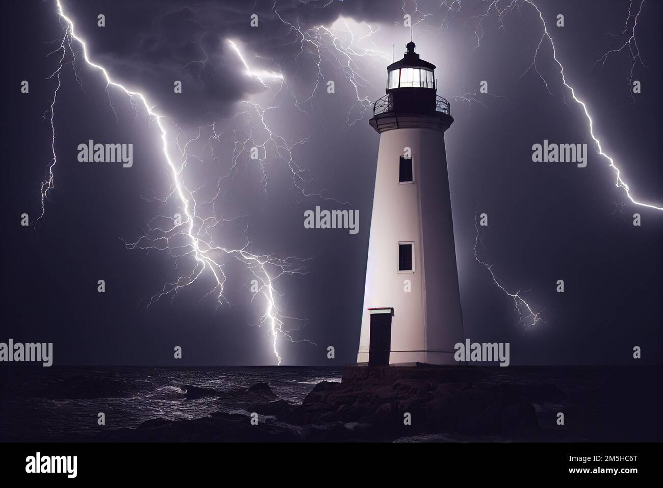 A scenic view of a lighthouse by the shore of a beach with strong ...