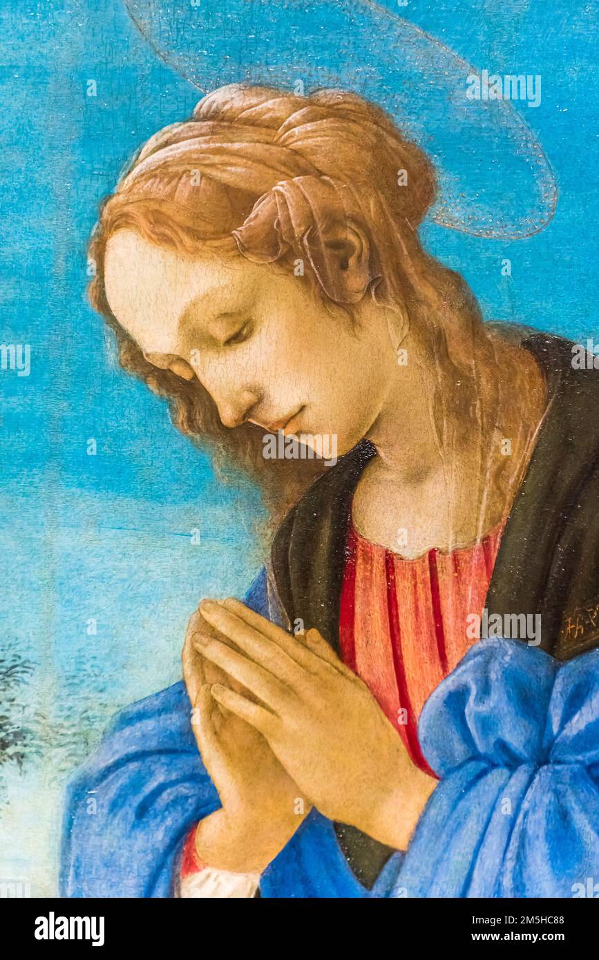 Close-up on colorful medieval portrait of young and blond catholic ...
