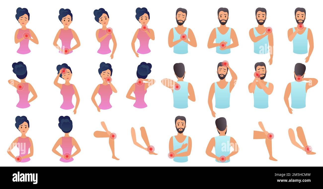 Body parts pain infographic set. Man and woman feels pain in different ...
