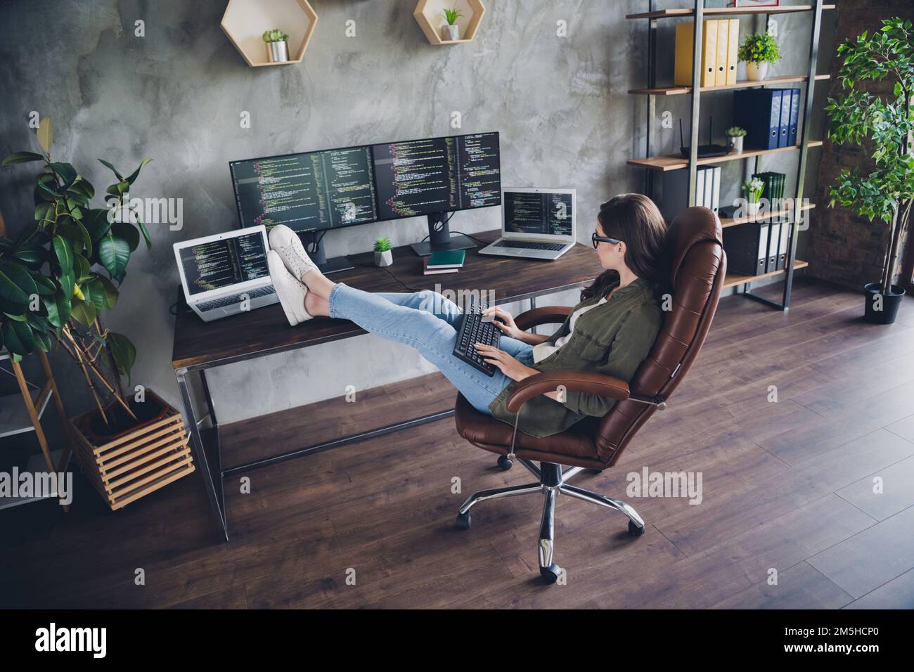 Photo of happy smiling lady freelancer wear glasses creating framework ...