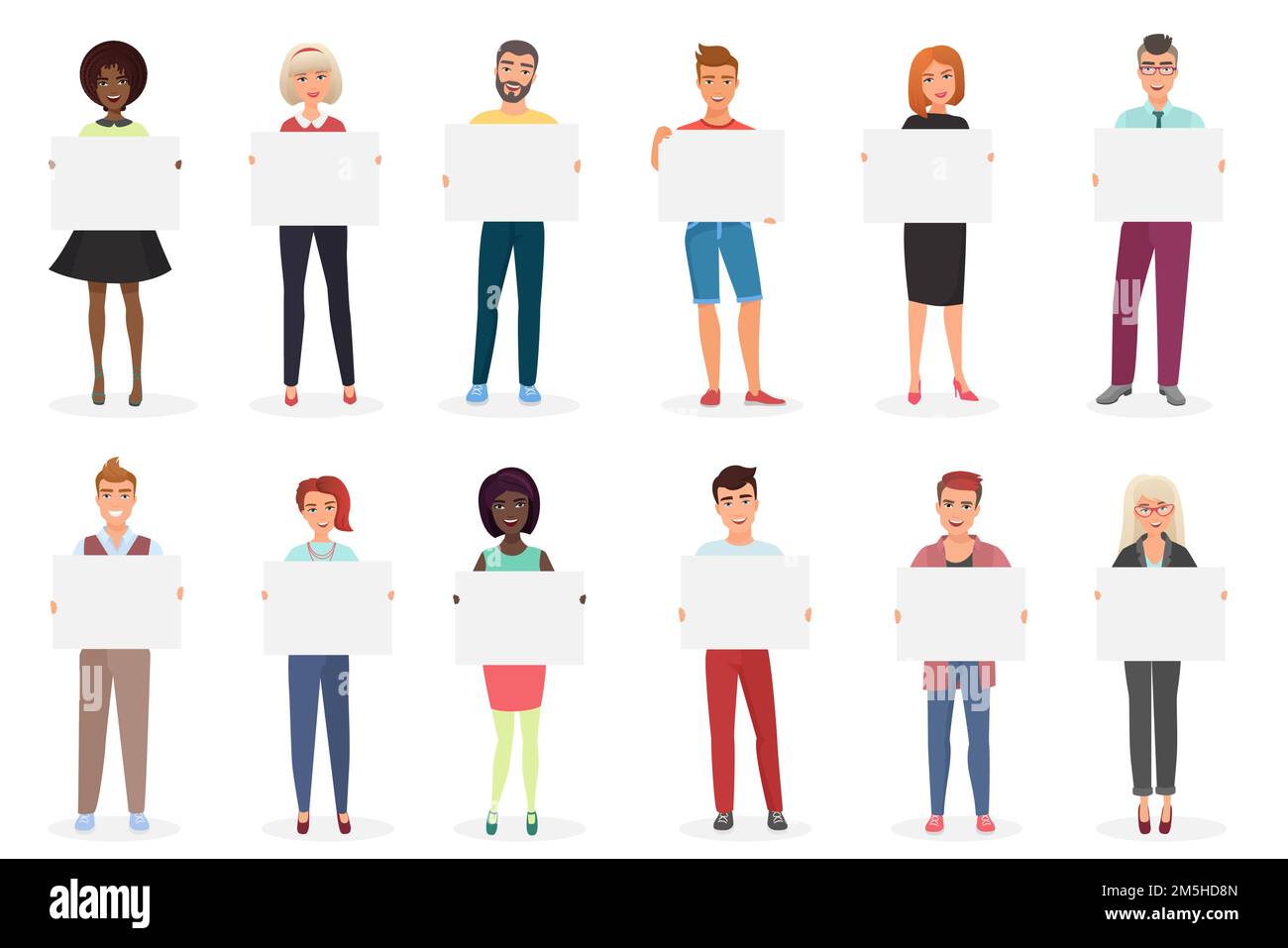 Happy smiling young men and women people holding clean empty placards ...