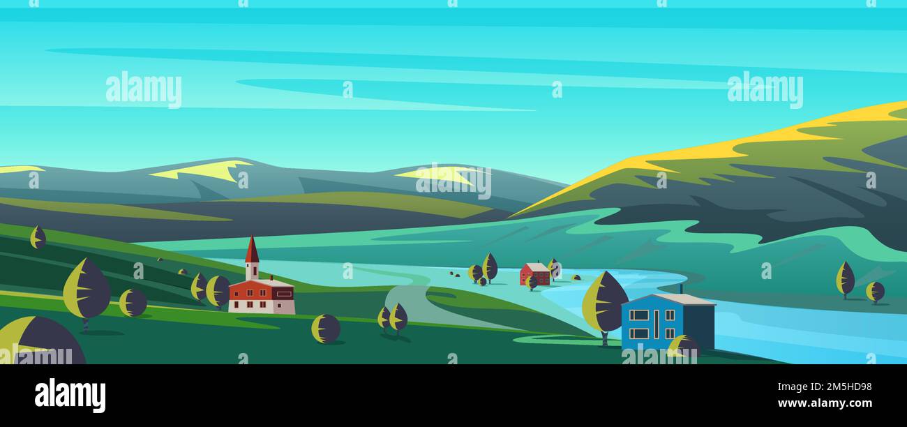 Small town in mountains flat cartoon panoramic landscape vector ...