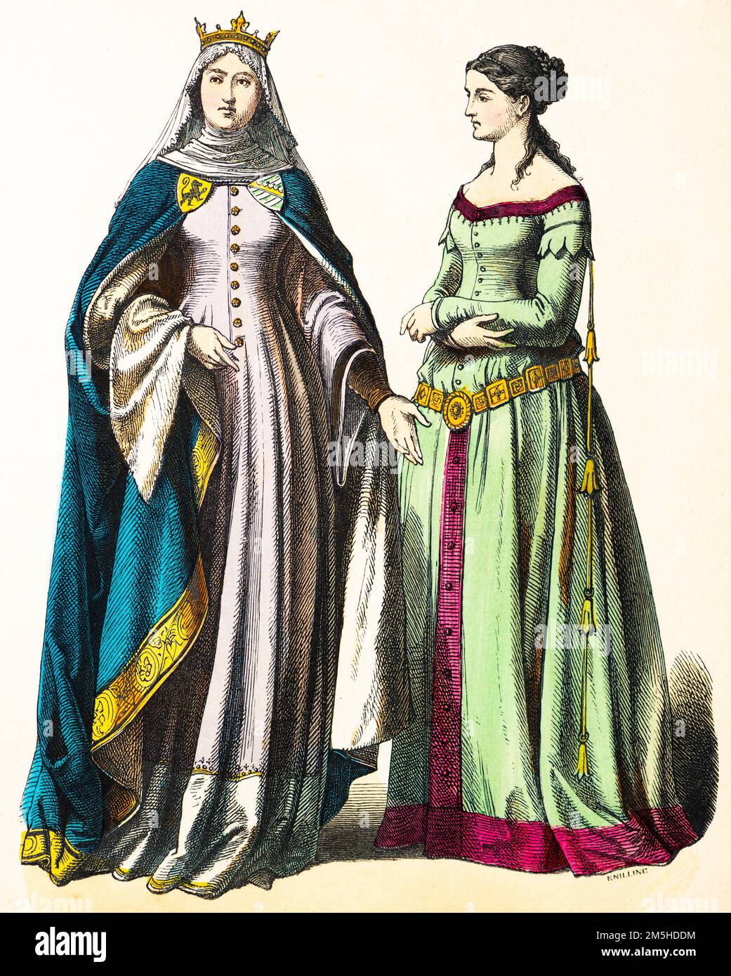 Historical costumes of the 14th century, historical illustration ...