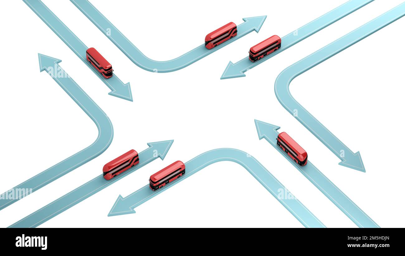 double-decker English red buses on arrows of different directions ...